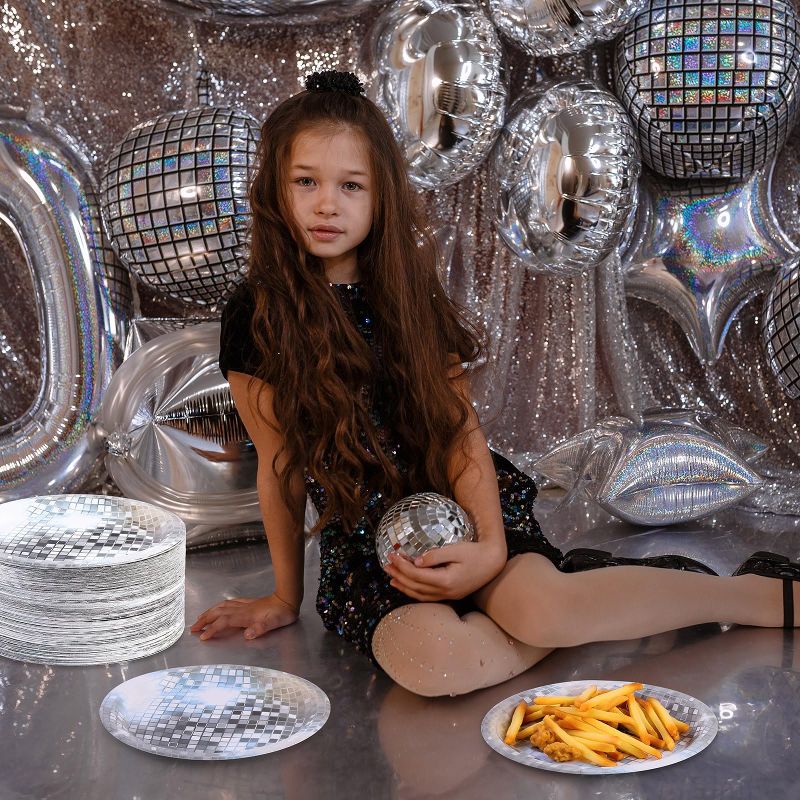 durony 150 Pieces Silver Disco Ball Paper Dinner Plates 70s Silver Foil Disposable 9-Inch Plates 80s 90s Disco Paper Tableware for Disco Bachelorette Groovy Birthday Wedding Party Decorations