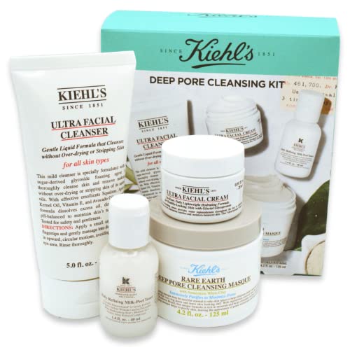 Kiehl's Deep Pore Cleansing and Hydrating Set:: Ultra Facial Cleanser, Rare Earth Deep Pore Cleansing Masque, Daily Refining Milk-Peel Toner, Ultra Facial Moisturizing Cream with Squalane