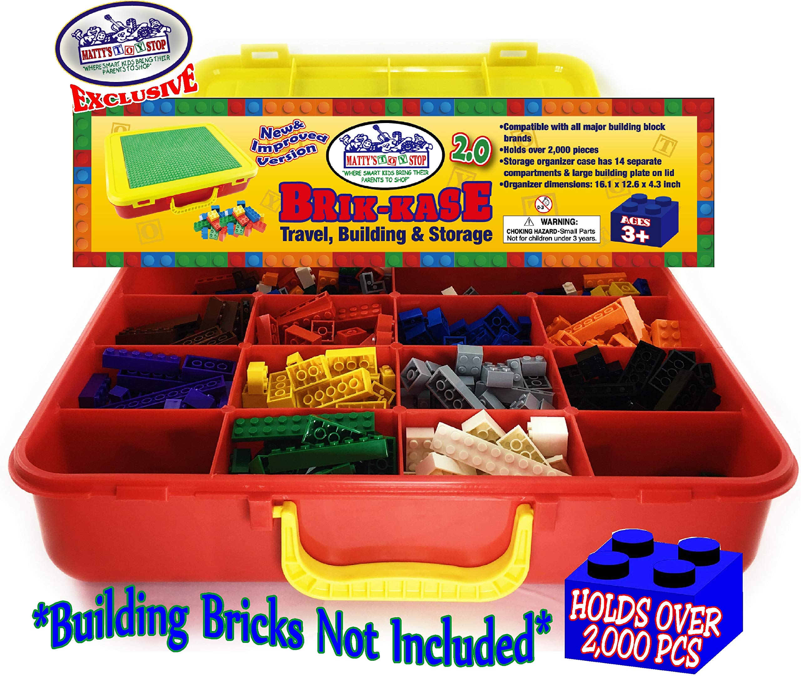Matty's Toy Stop Brik-Kase 2.0 Travel, Building, Storage & Organizer Container Case with Building Plate Lid (Holds Approx 2000pcs) - Compatible With All Major Brands (Red, Green & Yellow)