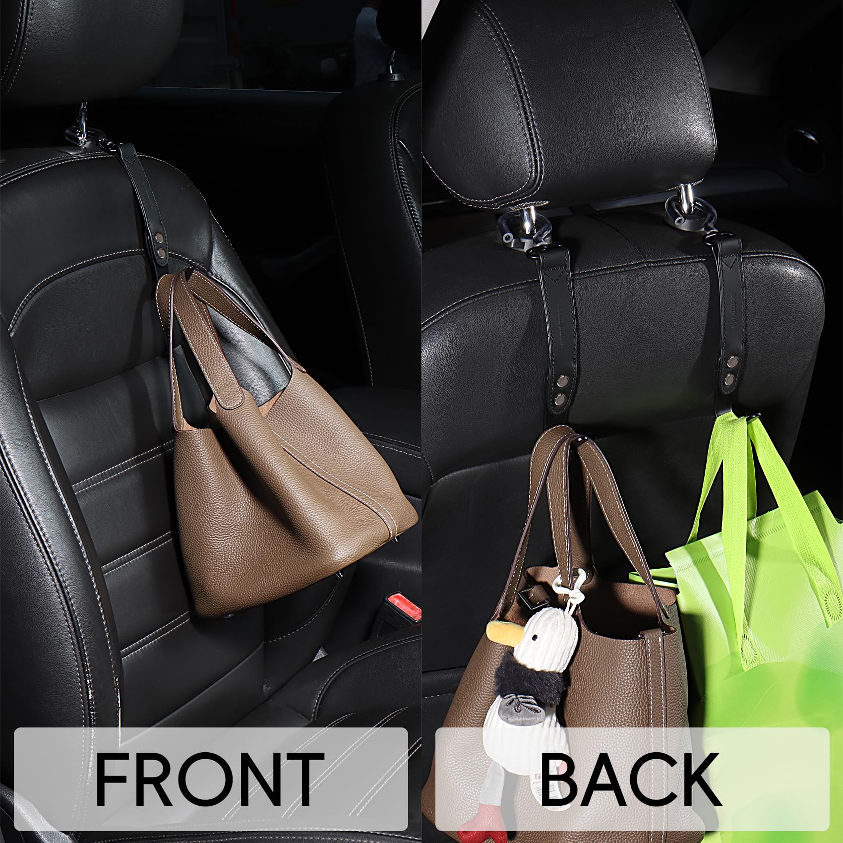 compuda Car Hooks,Car Purse Hook,Car Headrest Hook 2 Pack Leather Headrest Hooks for car accessories,SUS304 Car Bag Hooks(Black)
