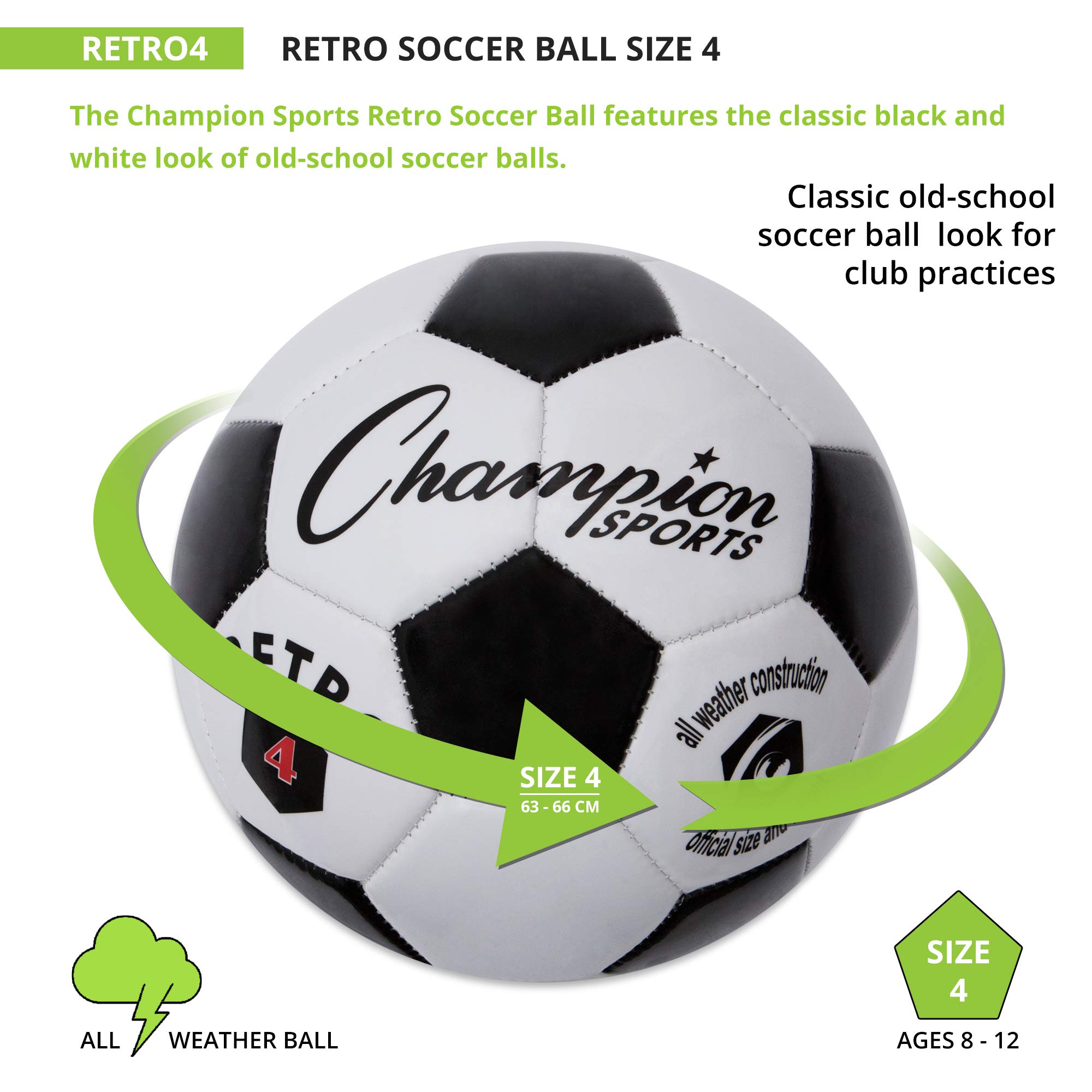 Champion Sports Retro Soccer Ball, Size 4 , Black/White