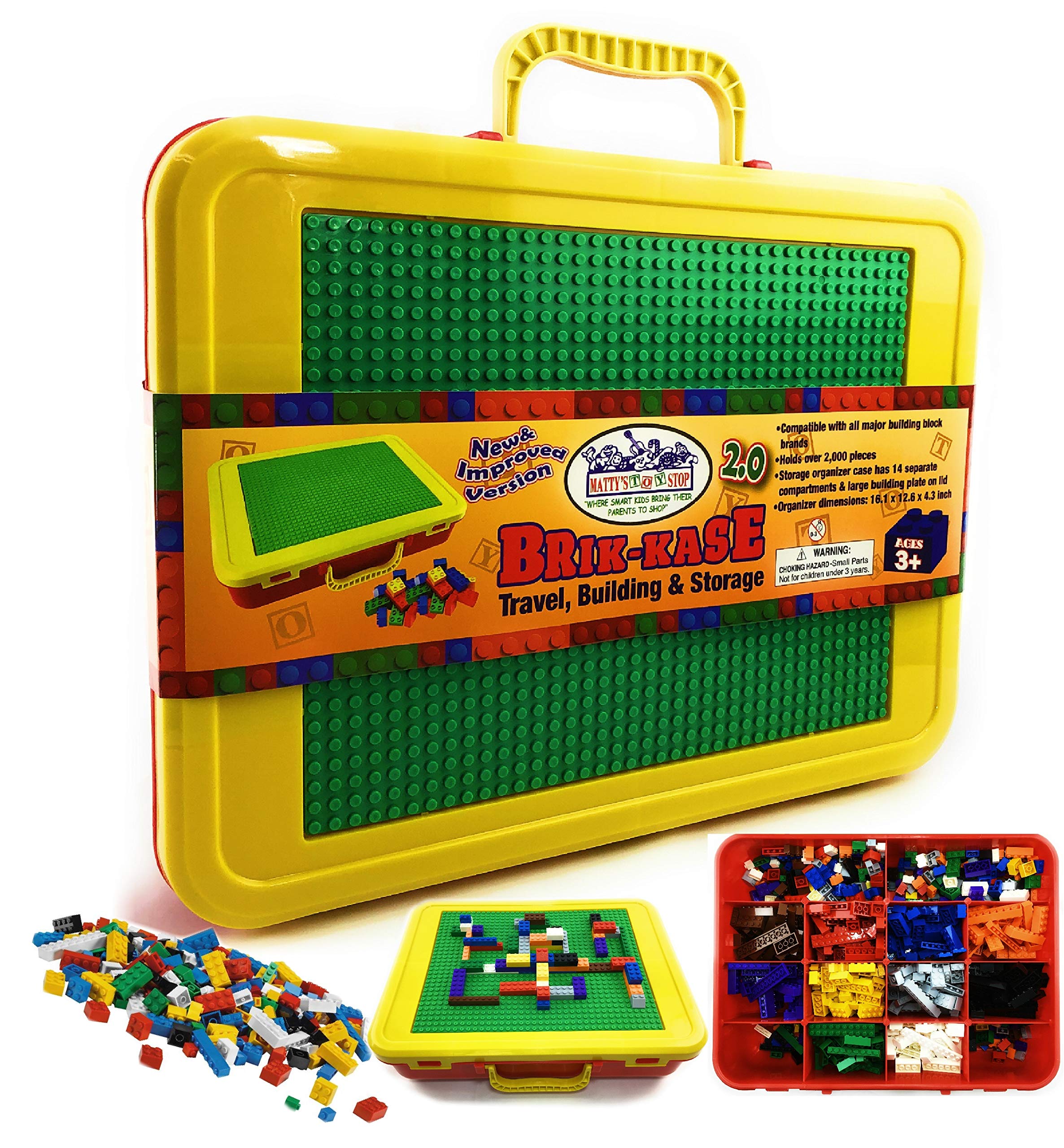 Matty's Toy Stop Brik-Kase 2.0 Travel, Building, Storage & Organizer Container Case with Building Plate Lid (Holds Approx 2000pcs) - Compatible With All Major Brands (Red, Green & Yellow)