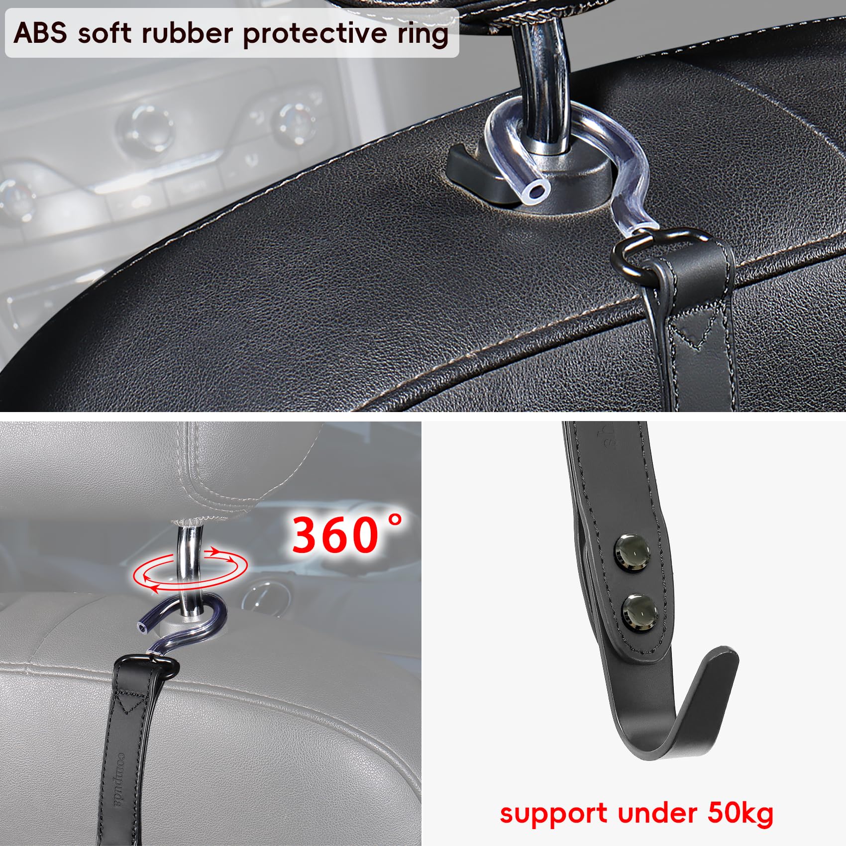 compuda Car Hooks,Car Purse Hook,Car Headrest Hook 2 Pack Leather Headrest Hooks for car accessories,SUS304 Car Bag Hooks(Black)