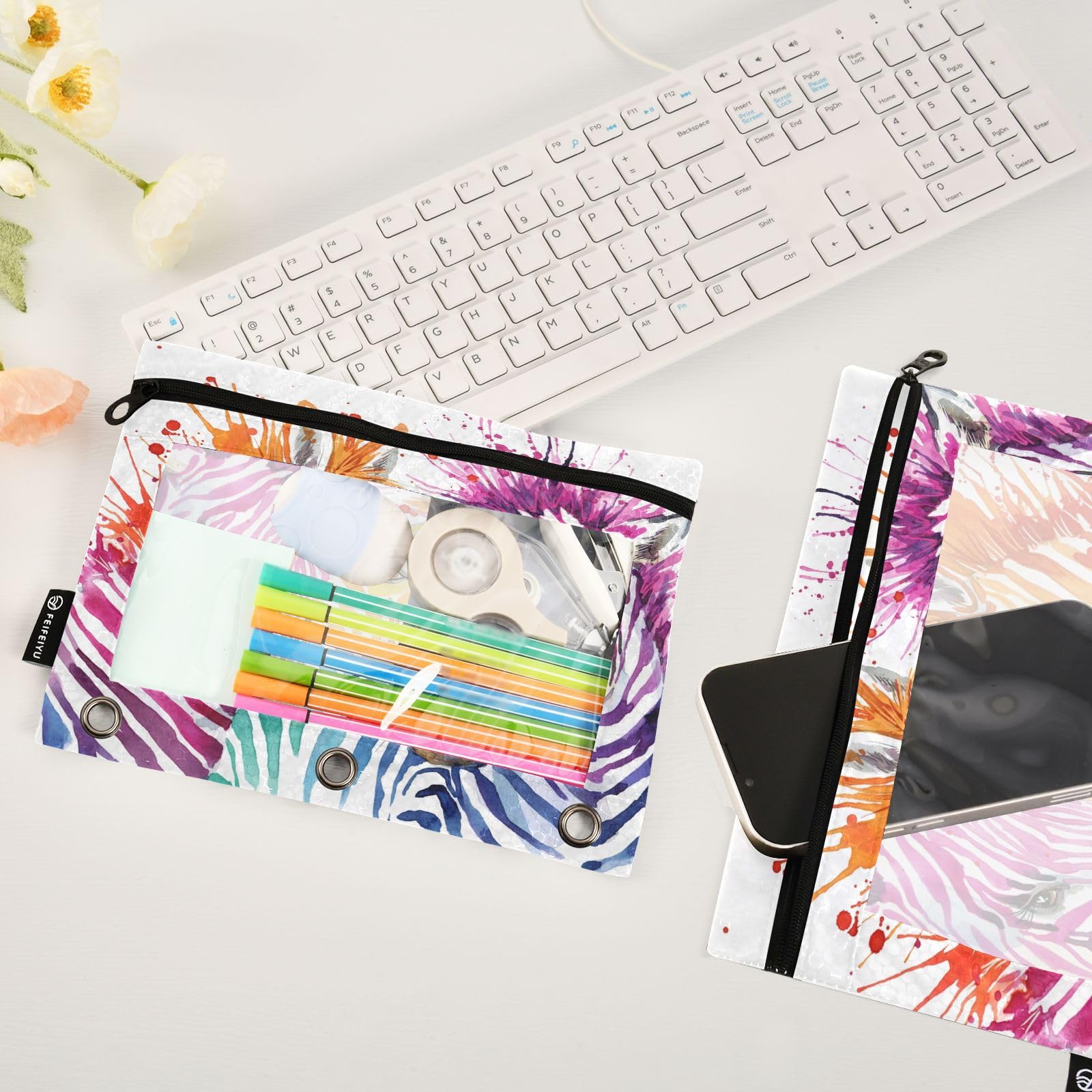 MAOBLYR Cute Watercolor Zebra Standard 3-Ring Zipper Clear Binder Pocket,Large Capacity Office 7 x 9In (2 PCS)