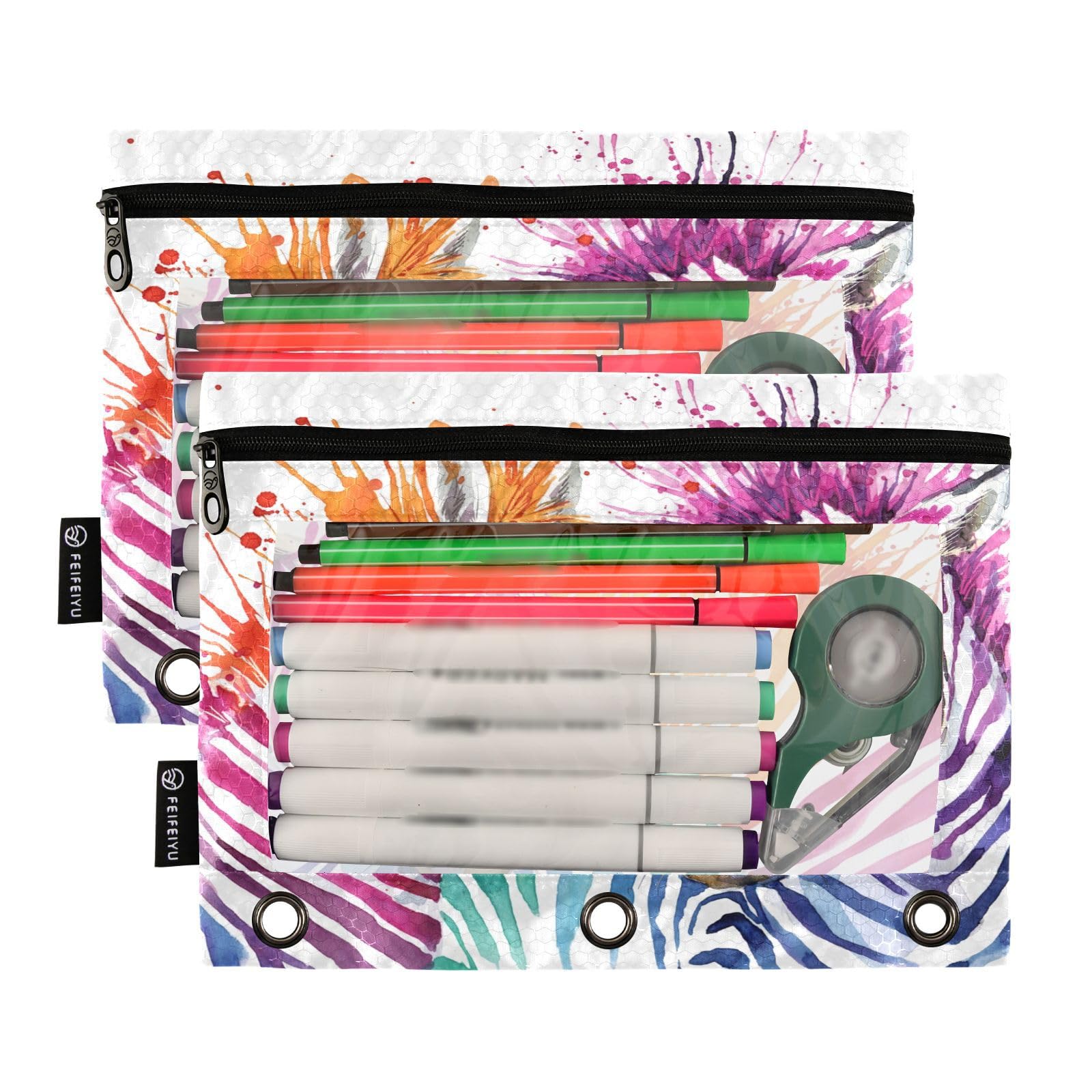 MAOBLYR Cute Watercolor Zebra Standard 3-Ring Zipper Clear Binder Pocket,Large Capacity Office 7 x 9In (2 PCS)