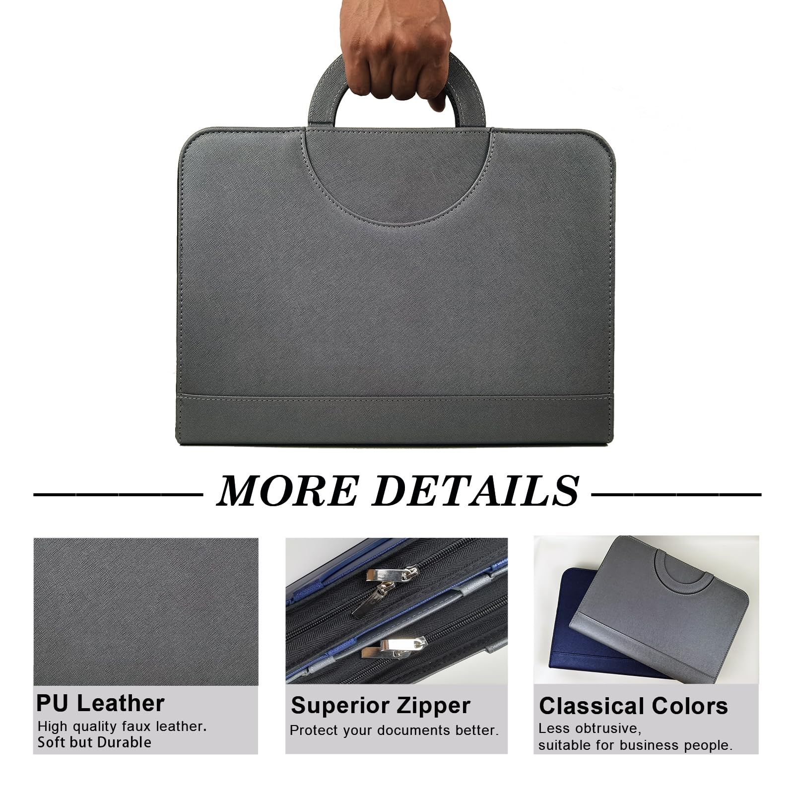 A4 Leather Portfolio Padfolio Refillable 4-Ring Binder with Zipper,Professional Business Document Organizer for Man Women with Magnetic Carrying Handle (Grey)