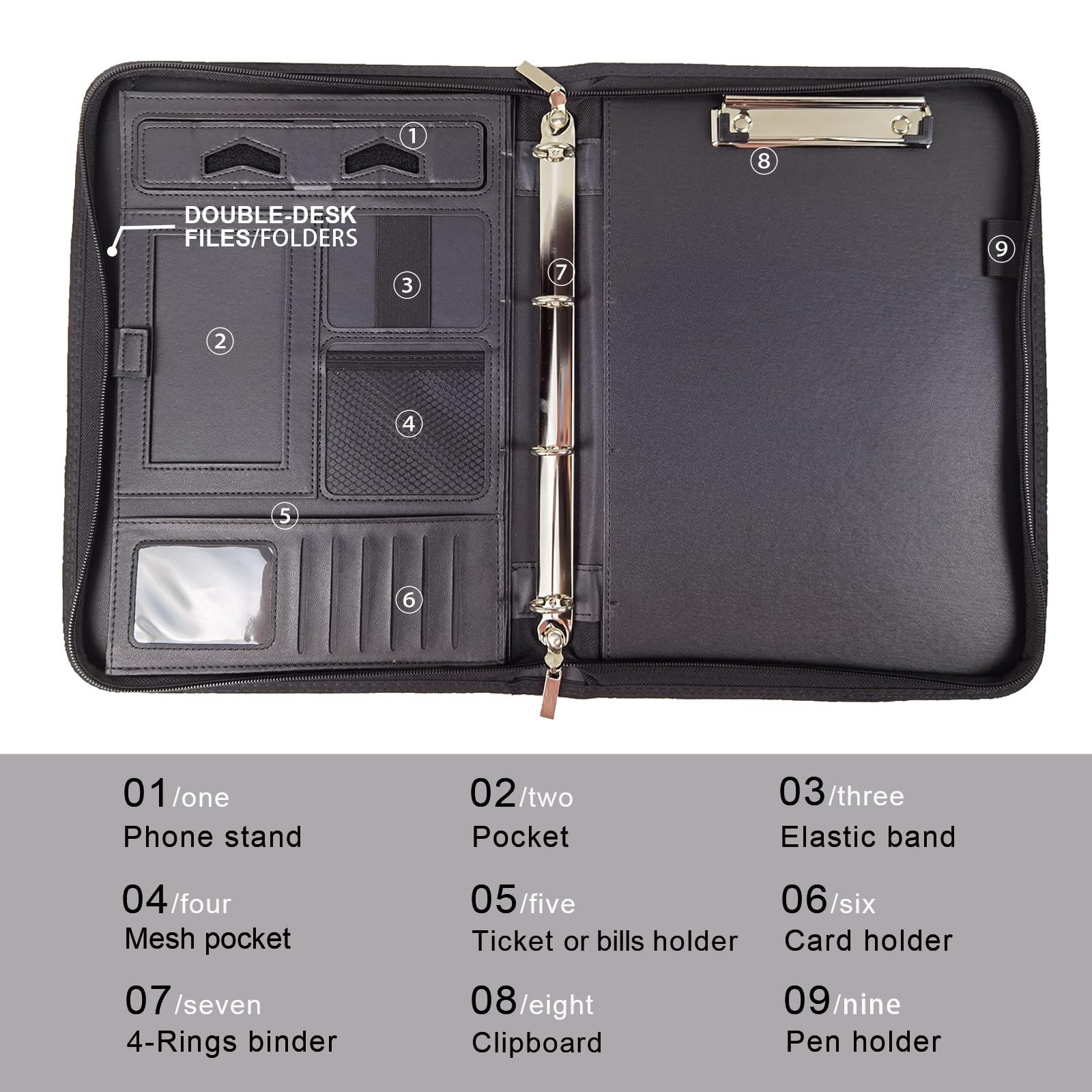 A4 Leather Portfolio Padfolio Refillable 4-Ring Binder with Zipper,Professional Business Document Organizer for Man Women with Magnetic Carrying Handle (Grey)