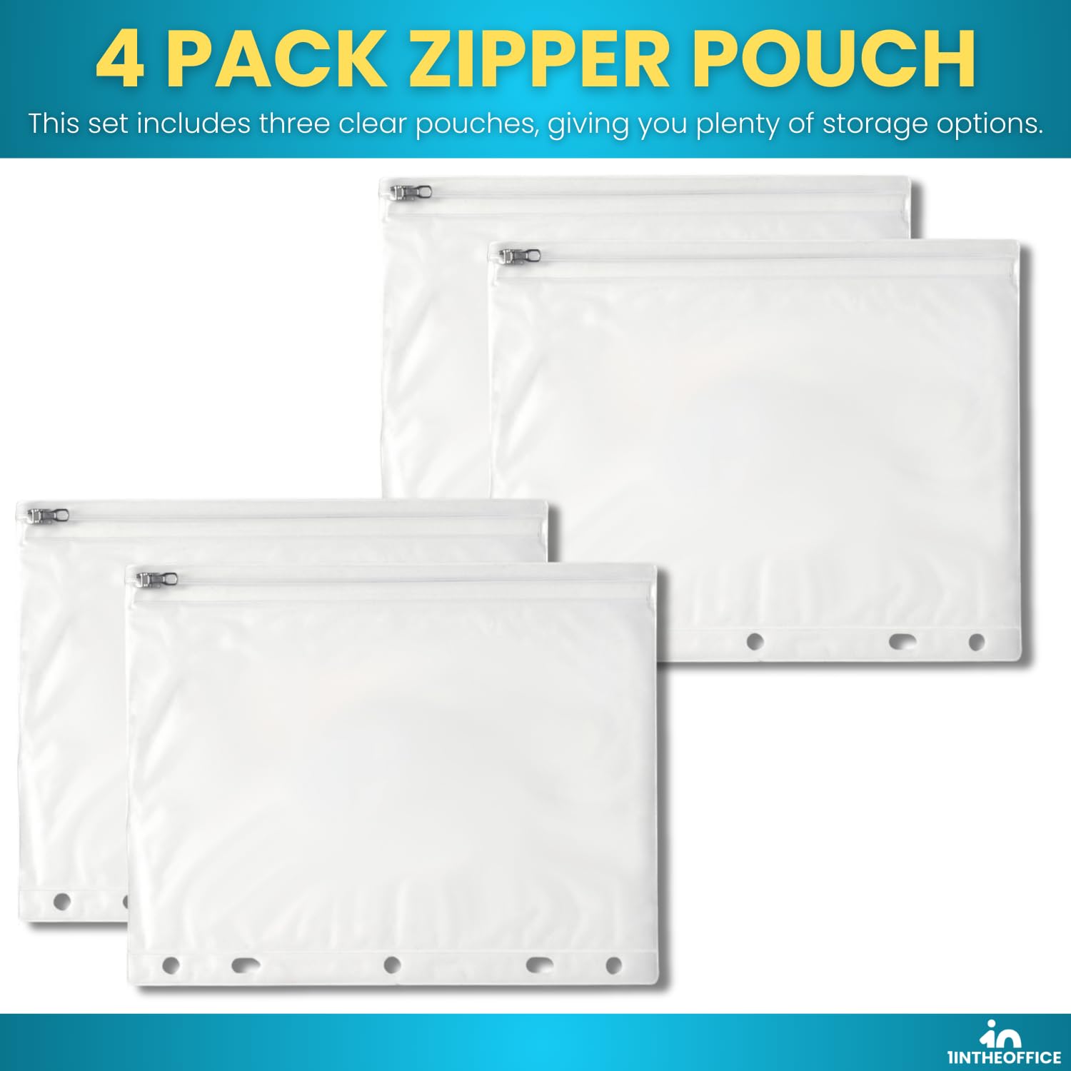 1InTheOffice Pencil Pouch for 3 Ring Binder, Binder Pencil Pouch, Zipper Pencil Pouch, 10" x 8", Clear, 4 Pack