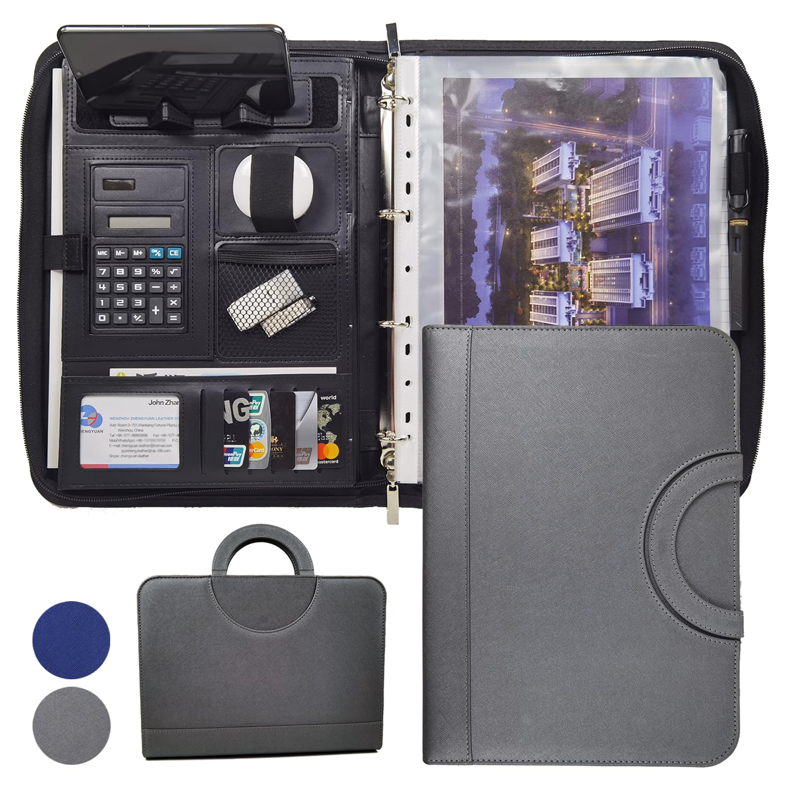 A4 Leather Portfolio Padfolio Refillable 4-Ring Binder with Zipper,Professional Business Document Organizer for Man Women with Magnetic Carrying Handle (Grey)