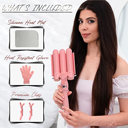3 Barrel Curling Iron Wand - Triple Hair Waver & Crimper for Beach Waves Set, Ceramic Tourmaline with Adjustable Temperature - Beach Waver, Pink