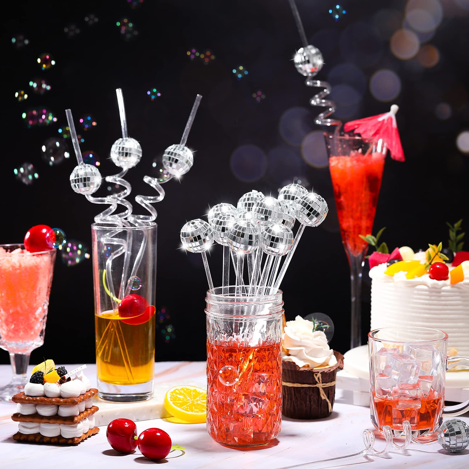 Ferraycle 24 Pcs Disco Ball Straws and Disco Ball Stirrers 70s Disco Party Supplies Mirror Disco Decorative Straws for Disco Ball Party Decorations Bar Karaoke Birthday Wedding Christmas Decoration