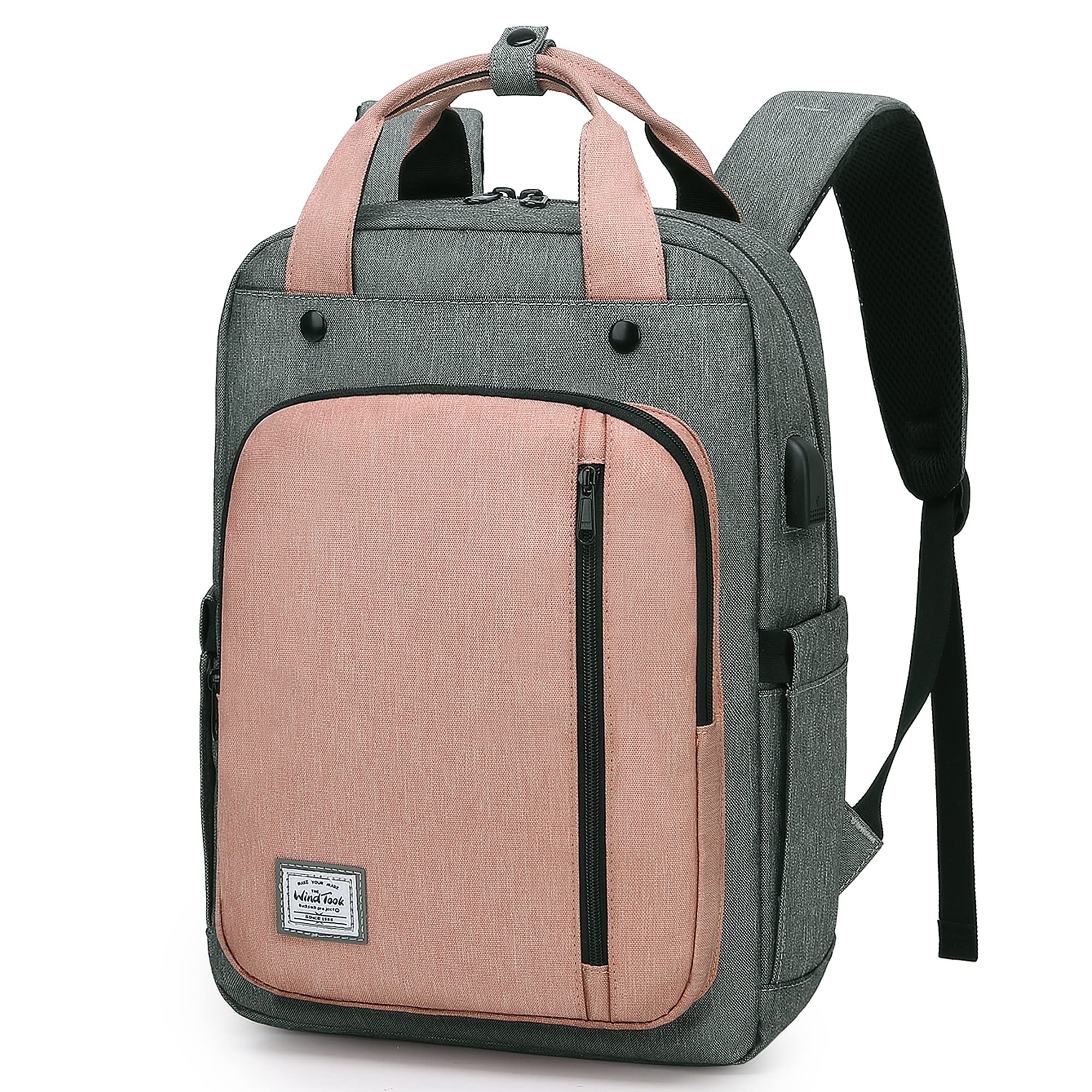 WindTook 15.6" Laptop Backpack with USB Charging Port for Women Men Travel School College Work Daypack, Grey-pink