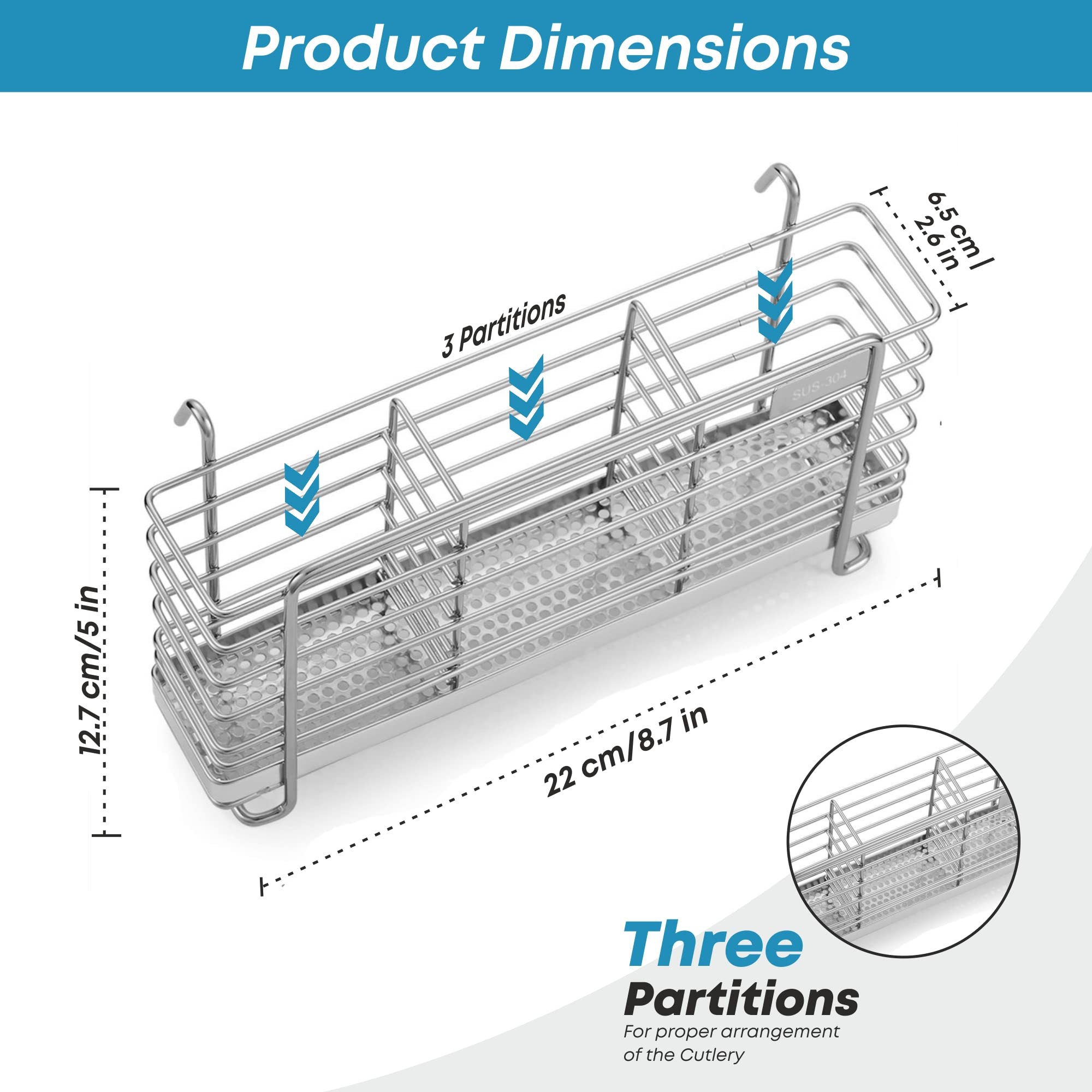 KESOL Sturdy 304 Stainless Steel Utensil Drying Rack Basket Holder with Hooks 3 Divided Compartments, Rust Proof, No Drilling