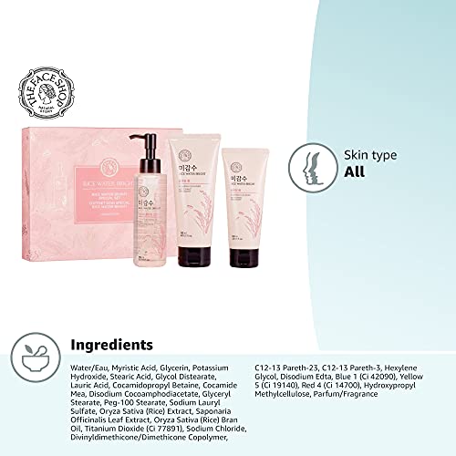 THE FACE SHOP Rice Water Bright Set - Cleanser 150ml + Light Cleansing Oil 150ml + Foam 100ml , 3 Count (Pack of 1)
