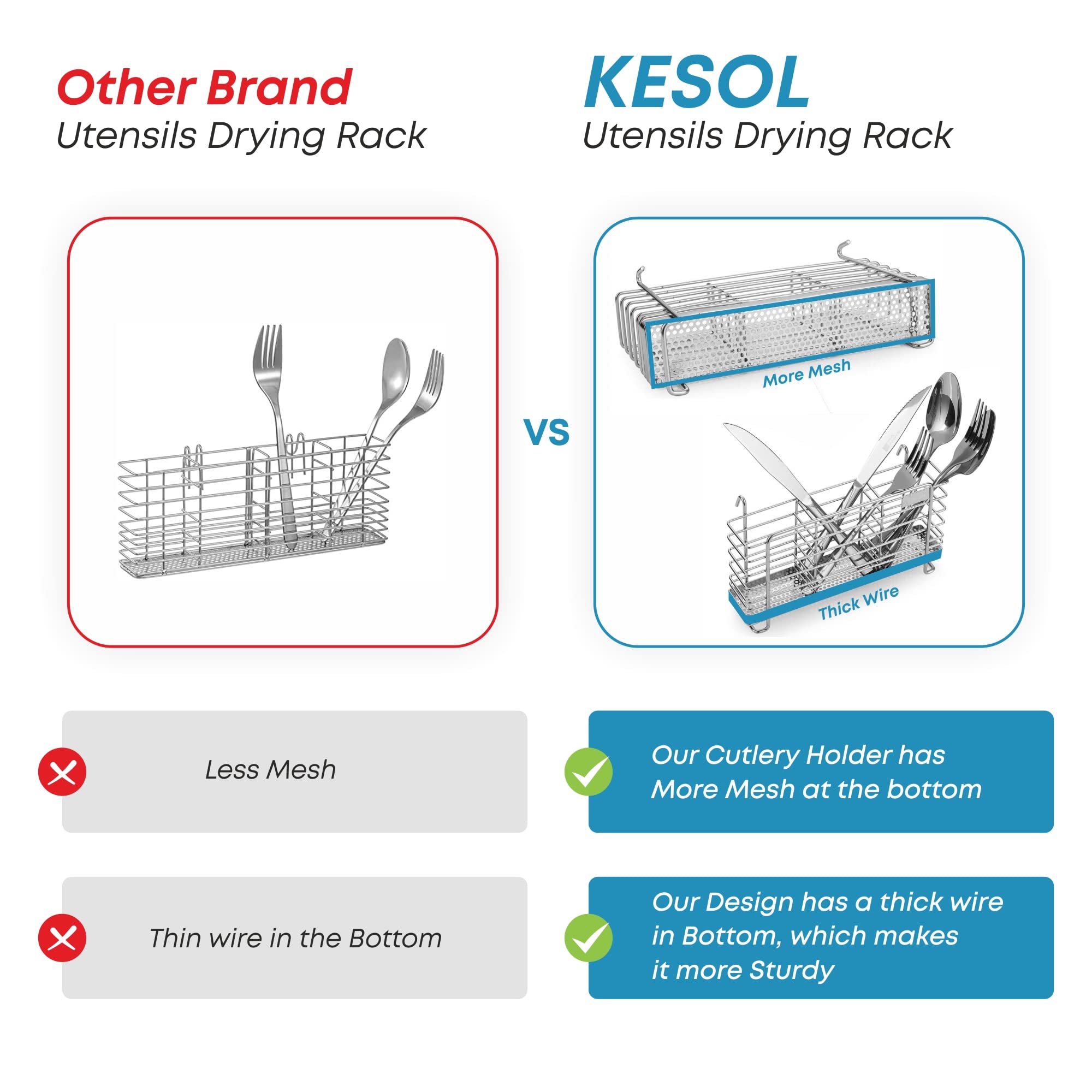 KESOL Sturdy 304 Stainless Steel Utensil Drying Rack Basket Holder with Hooks 3 Divided Compartments, Rust Proof, No Drilling