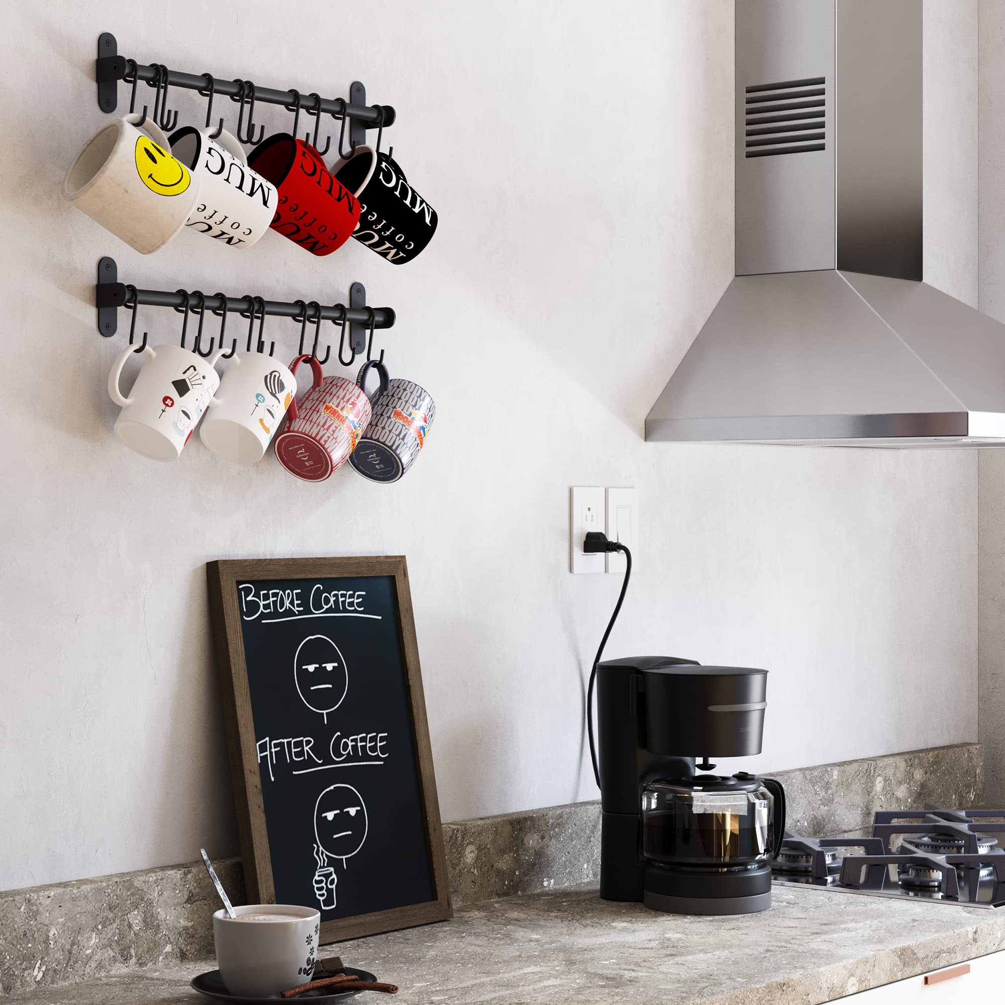 Wallniture Lyon Hanging Pot Rack for Kitchen Organization and Storage, Black Kitchen Utensil Holders with 20 S Hooks for Hanging Pots and Pans Set, 17" Coffee Mug Holder Wall Mount Set of 2
