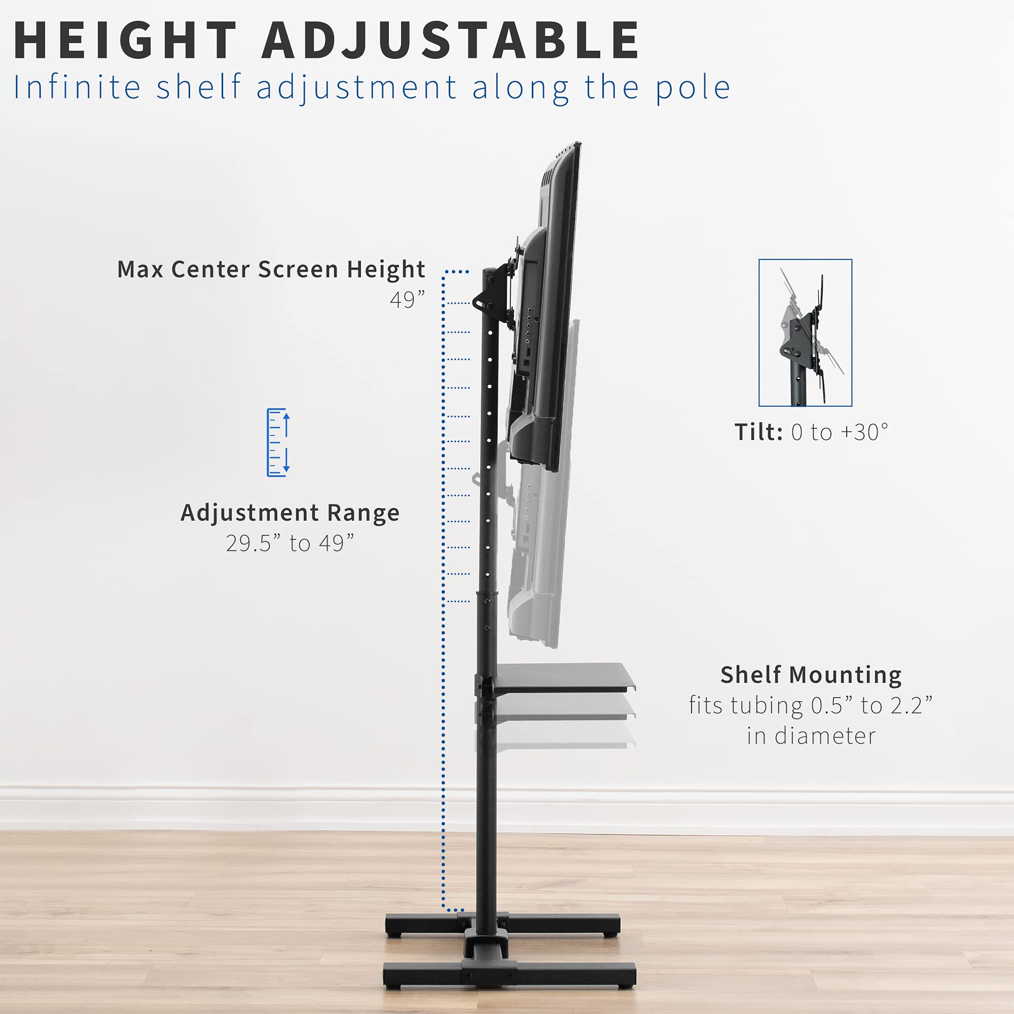VIVO TV Floor Stand for 13 to 50 inch Flat Panel LED LCD Plasma Screens, Portable Display Height Adjustable Mount with Storage Shelf, Black, STAND-TV07-S