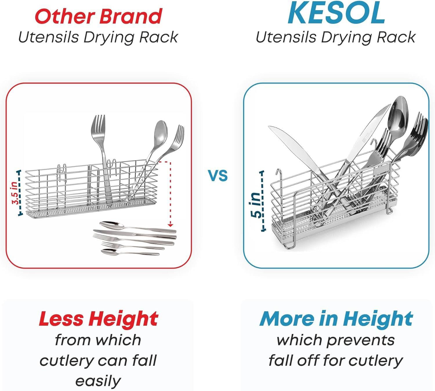 KESOL Sturdy 304 Stainless Steel Utensil Drying Rack Basket Holder with Hooks 3 Divided Compartments, Rust Proof, No Drilling