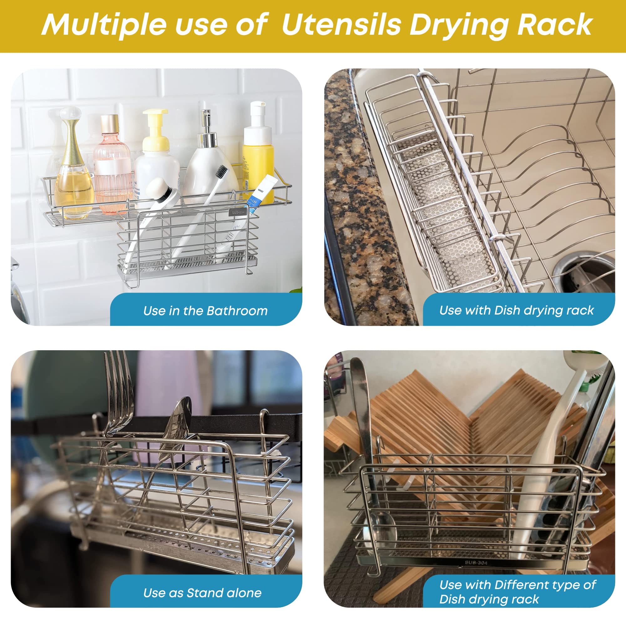 KESOL Sturdy 304 Stainless Steel Utensil Drying Rack Basket Holder with Hooks 3 Divided Compartments, Rust Proof, No Drilling