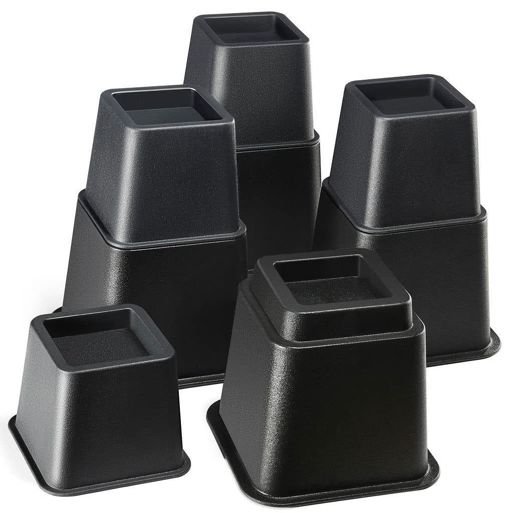 Adjustable Bed Risers - Stackable Bed Frame Risers for Elevation & Under-Bed Storage - Heavy-Duty Furniture Riser for Table, Couch, Desk, and Chair - Set of 4 Large & 4 Small Bed Lifts - Black Home It
