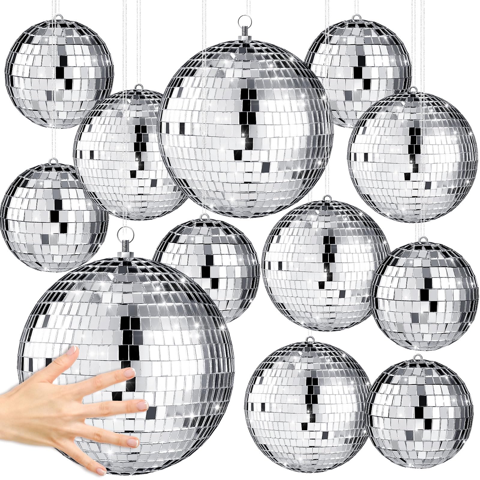 Libima 12 Pack Large Disco Ball Bulk Silver Hanging Mirror Ball Ornament Different Size for Stage Club Christmas Party Decoration(12'', 8'', 6'', 4'')