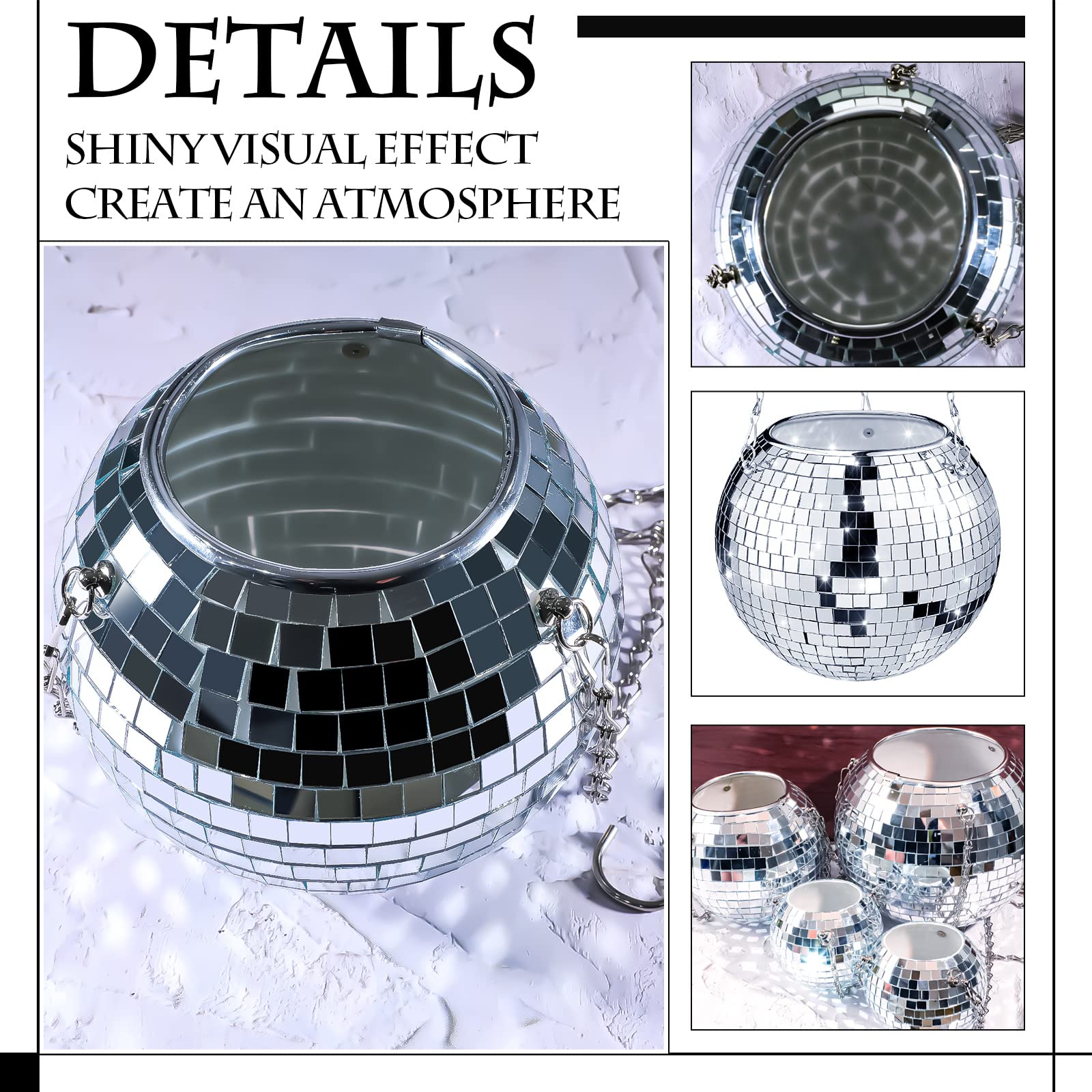 4 Set Disco Ball Planter Disco Ball Hanging Planter with Extra Long Chain Silver Disco Ball Hanger Planter Disco Ball Vase Boho Decor for Home Room Patio Decoration Gift (8", 6", 2 Pcs 4")
