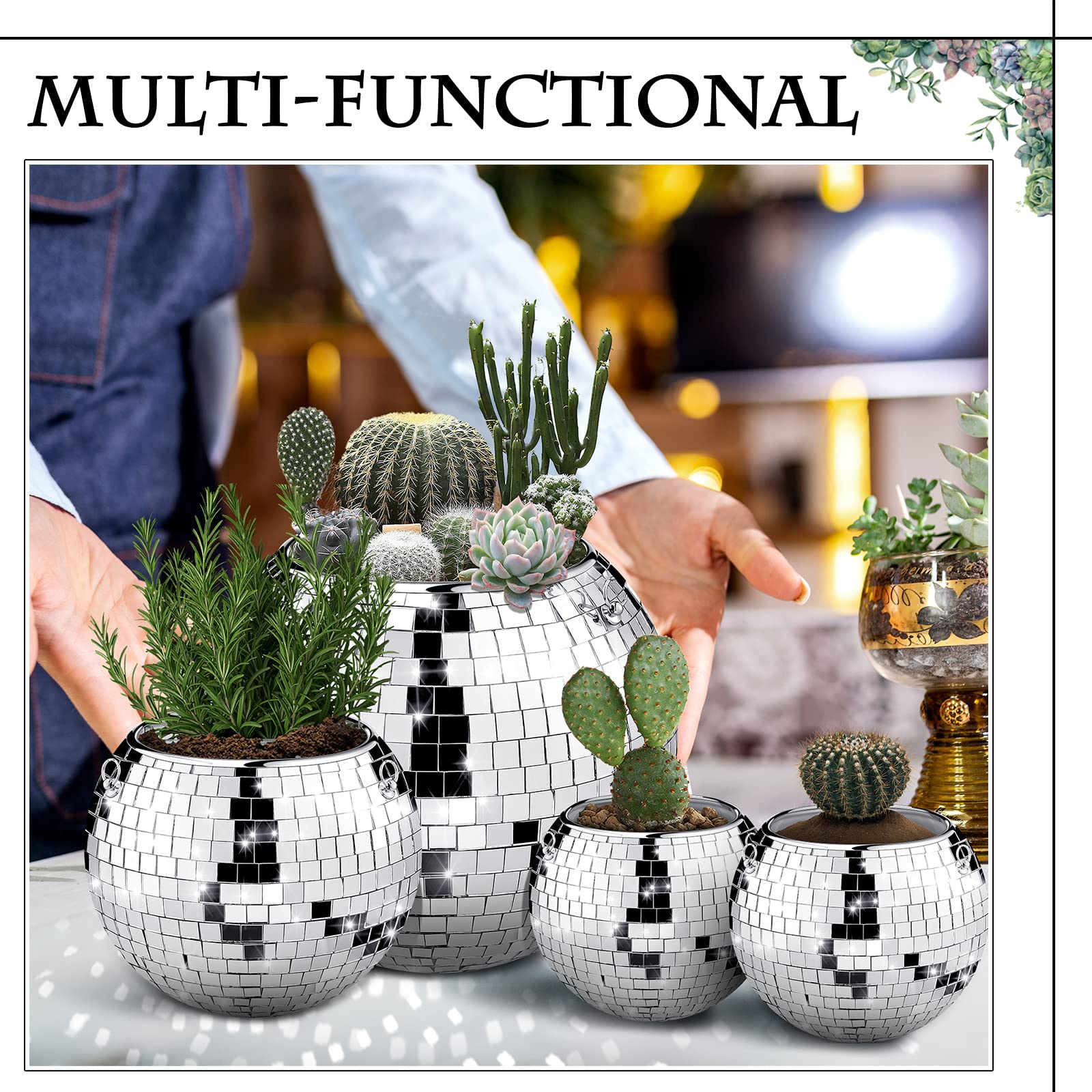 4 Set Disco Ball Planter Disco Ball Hanging Planter with Extra Long Chain Silver Disco Ball Hanger Planter Disco Ball Vase Boho Decor for Home Room Patio Decoration Gift (8", 6", 2 Pcs 4")
