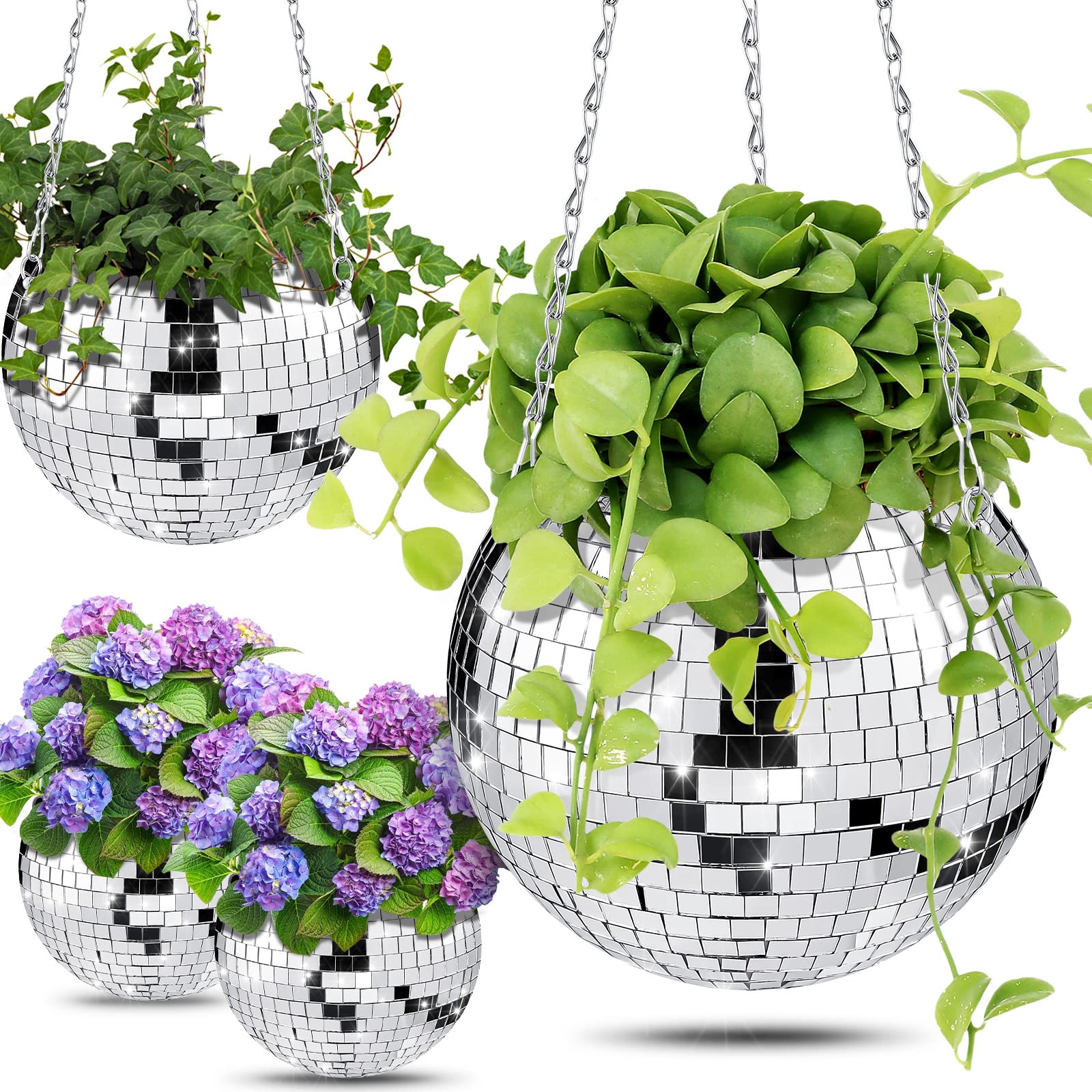 4 Set Disco Ball Planter Disco Ball Hanging Planter with Extra Long Chain Silver Disco Ball Hanger Planter Disco Ball Vase Boho Decor for Home Room Patio Decoration Gift (8", 6", 2 Pcs 4")