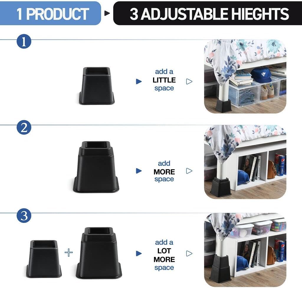 Adjustable Bed Risers - Stackable Bed Frame Risers for Elevation & Under-Bed Storage - Heavy-Duty Furniture Riser for Table, Couch, Desk, and Chair - Set of 4 Large & 4 Small Bed Lifts - Black Home It