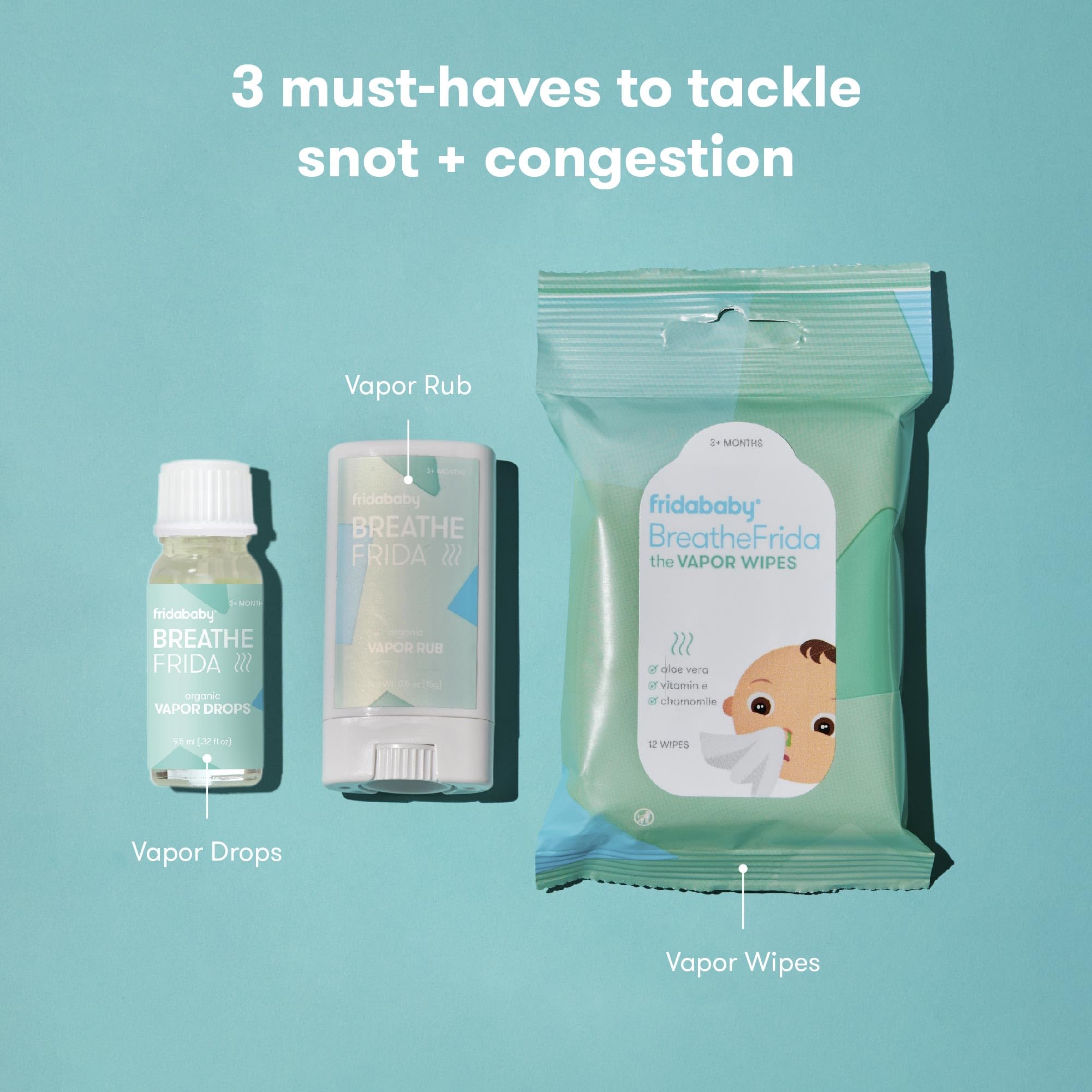 Breathe Easy Kit Sick Day Essentials by FridaBaby - Natural Vapor Wipes, Organic Vapor Rub + Organic Vapor Drops, White
