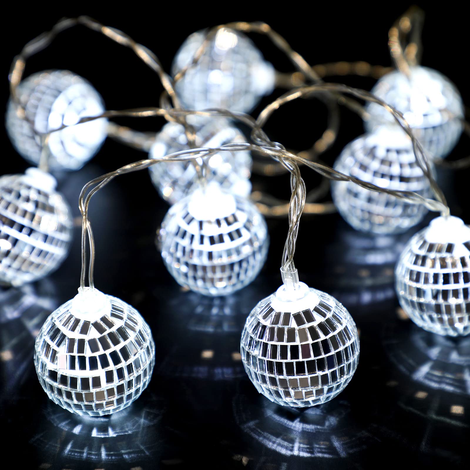 BBTO 10 Pcs LED Disco Ball String Light 2 Inch Battery Powered Mirror Ball Ornaments 70s 80s 90s Disco Party Supplies(Silver)