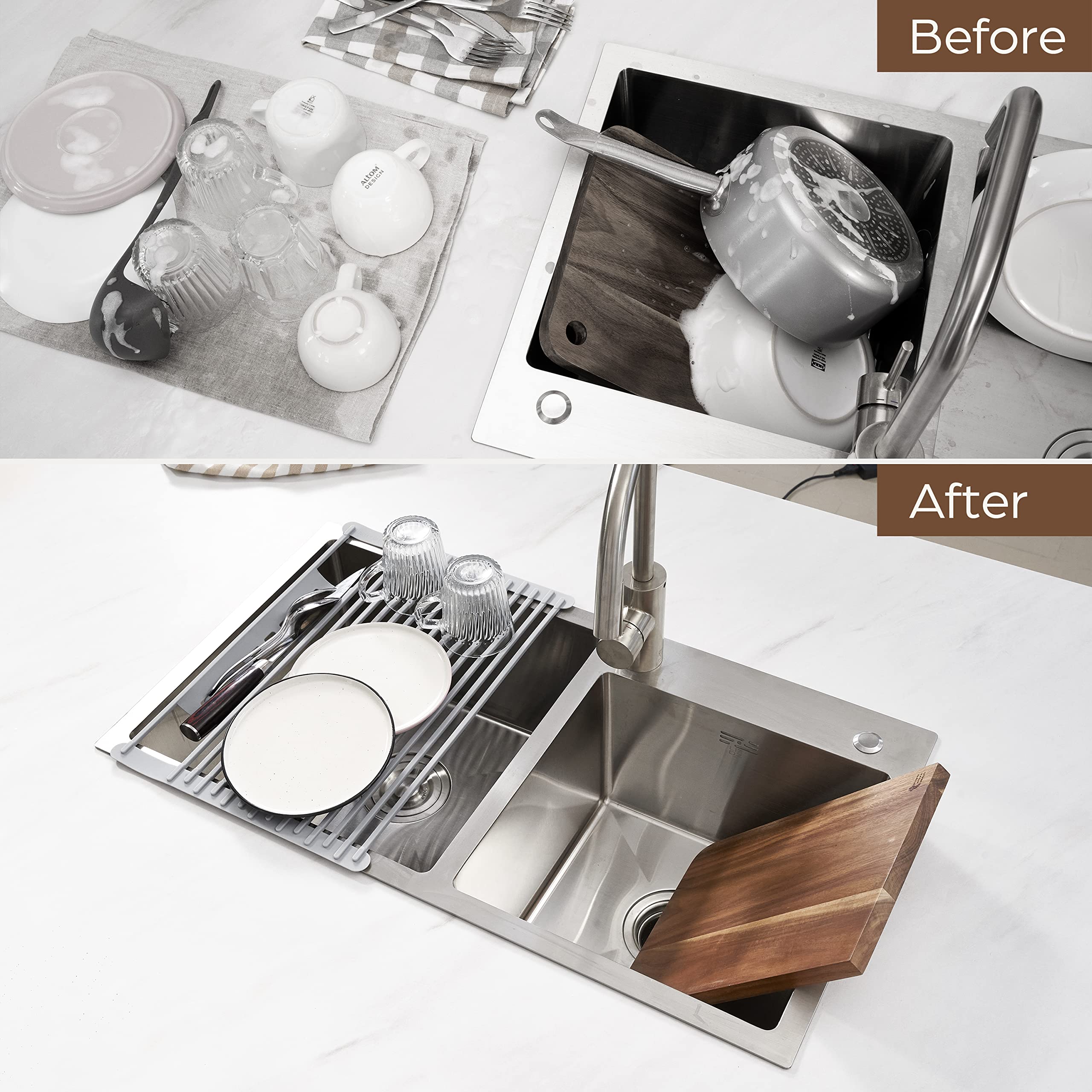 BELLE TERRE Roll Up Dish Drying Rack for Kitchen Sink - 17.5" x 12.8" - Silicone Roll-Up Dish Rack with Utensil Tray - Roll Out Dish Drying Rack Over Sink - Solid Steel Construction