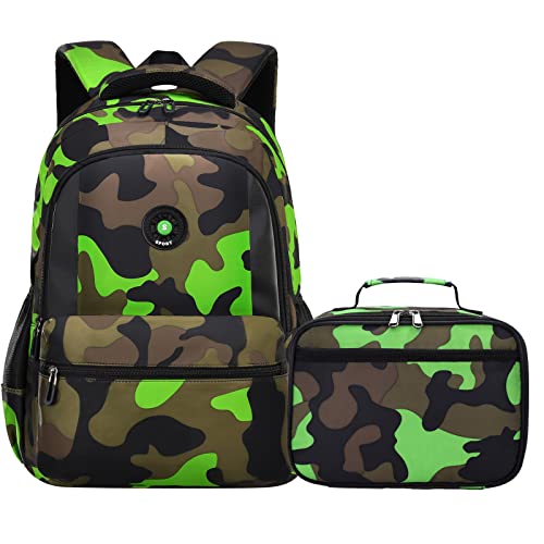 Yvechus Camo Backpack Set with Lunch Bag Lightweight Waterproof School Backpack Bookbag for Boys Girls (D-Style Camo Green)