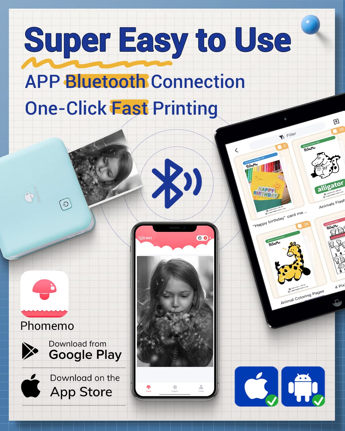 Memoking Inkless Bluetooth Printer - HD 300dpi Photo Sticker Printer Machine Mini - M02 Pro Thermal Mini Printer for Pad&Phone - 2" Mini Sticker Maker Machine Printer for Memo,Photo,DIY,Fun,1D/QR,Logo