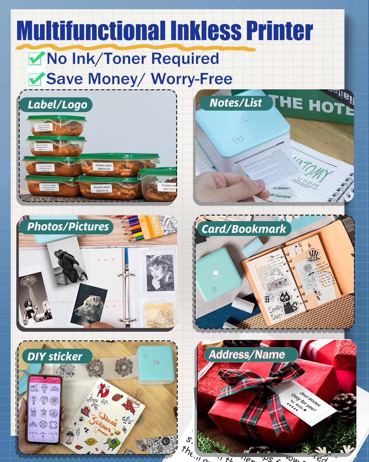 Memoking Inkless Bluetooth Printer - HD 300dpi Photo Sticker Printer Machine Mini - M02 Pro Thermal Mini Printer for Pad&Phone - 2" Mini Sticker Maker Machine Printer for Memo,Photo,DIY,Fun,1D/QR,Logo