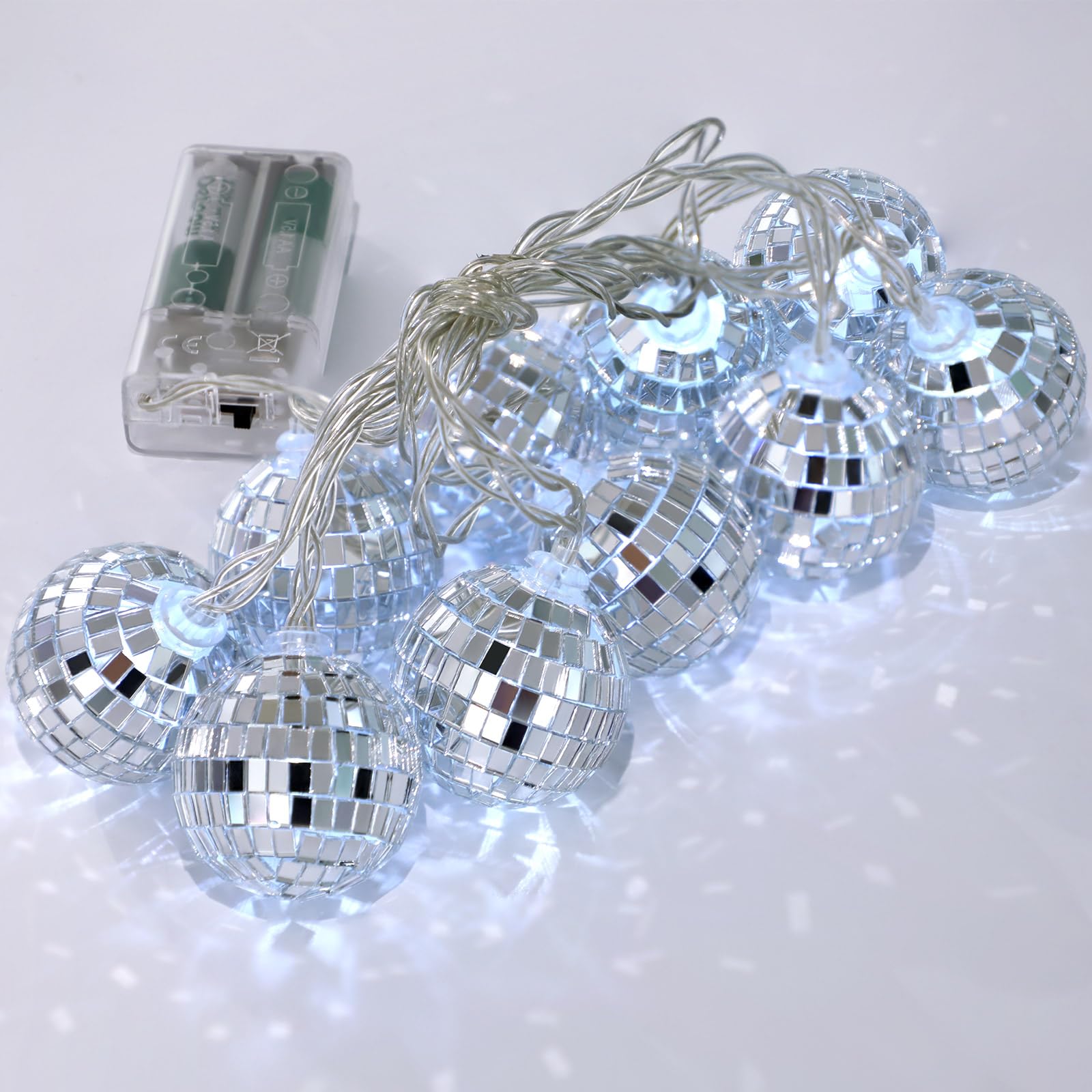 BBTO 10 Pcs LED Disco Ball String Light 2 Inch Battery Powered Mirror Ball Ornaments 70s 80s 90s Disco Party Supplies(Silver)