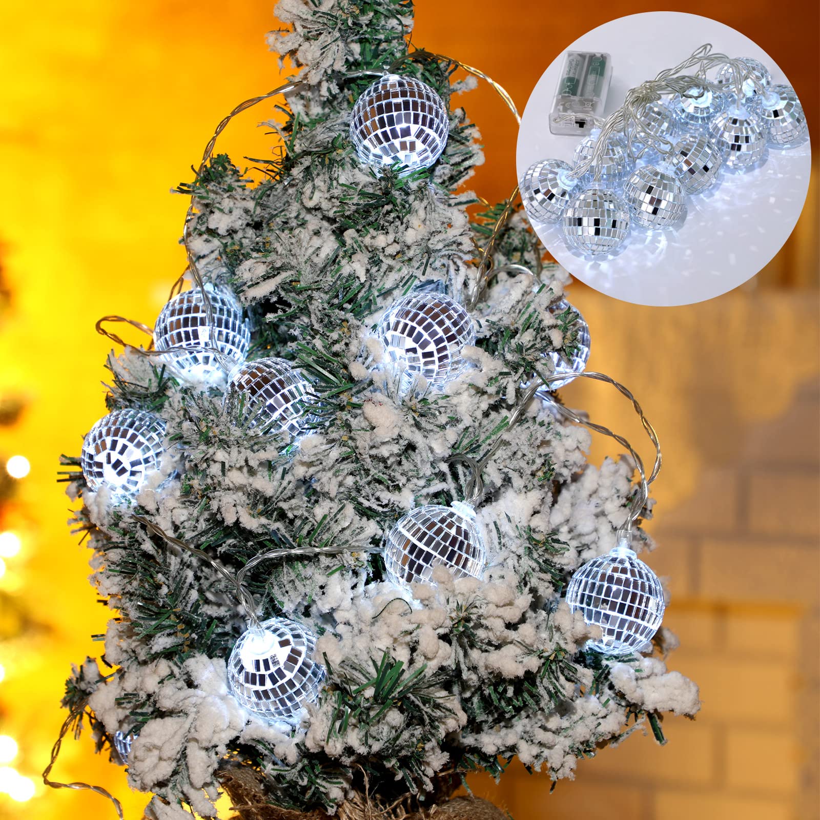 BBTO 10 Pcs LED Disco Ball String Light 2 Inch Battery Powered Mirror Ball Ornaments 70s 80s 90s Disco Party Supplies(Silver)