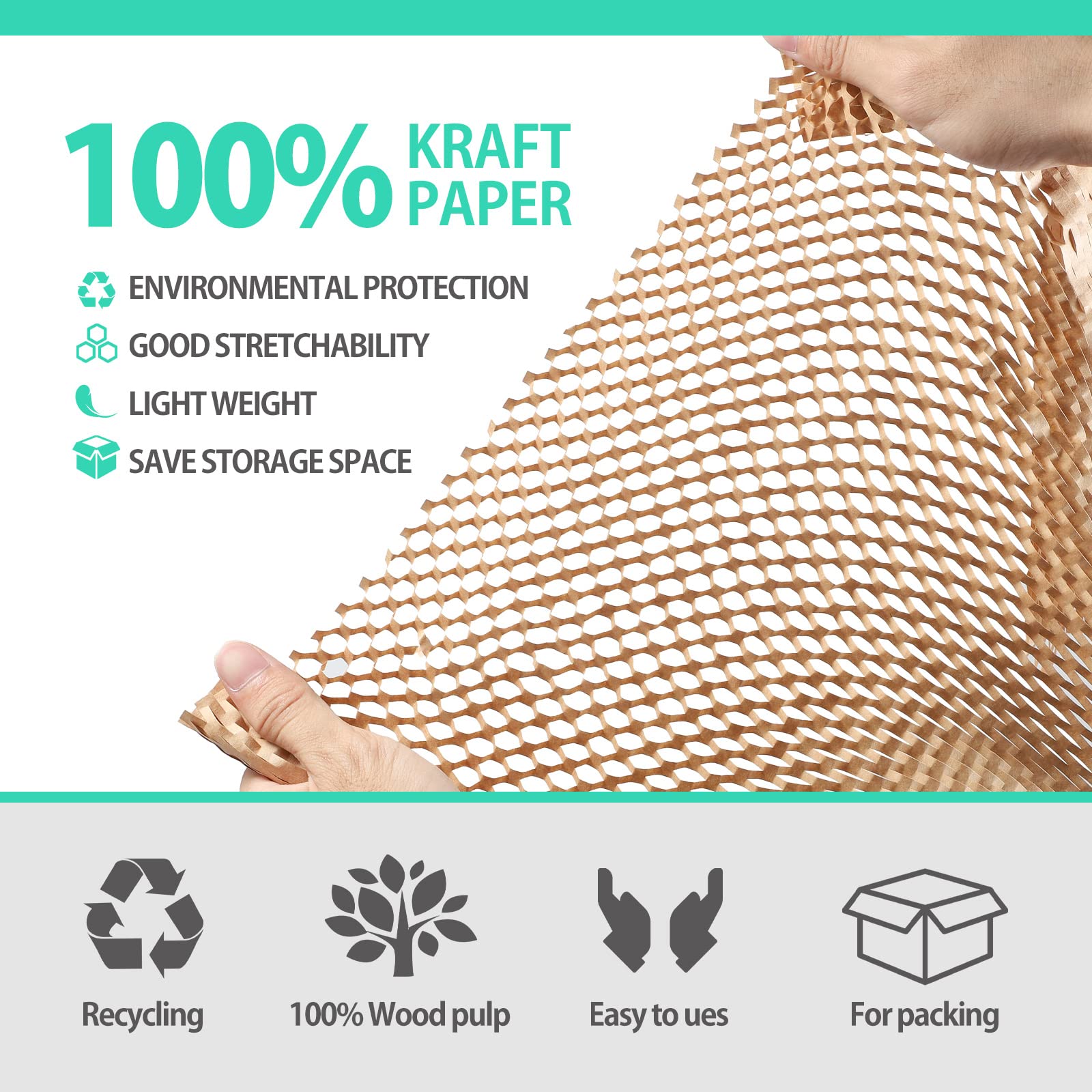 Honeycomb Packing Paper, 12" x 66' Cushioning Wrap Roll, Kraft Wrapping Paper for Shipping, with 20 Fragile Sticker Labels