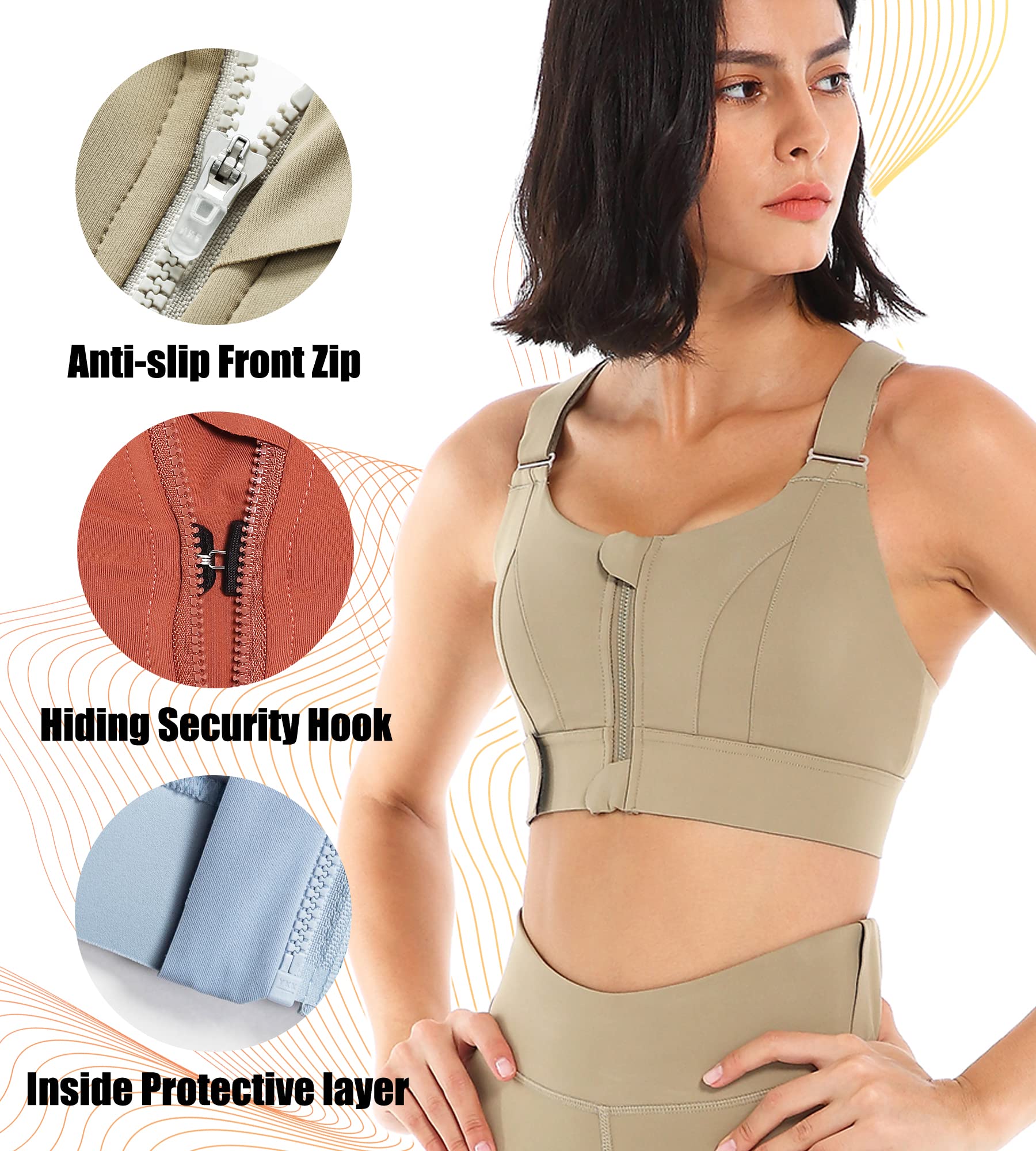 TECOX Zip Front Adjustable Sports Bras for Women High Impact Support Post Surgery Compression Bra with Adjustable Straps Front Zipper Cross Back Wireless Padded Running Workout Sports Bra Grey