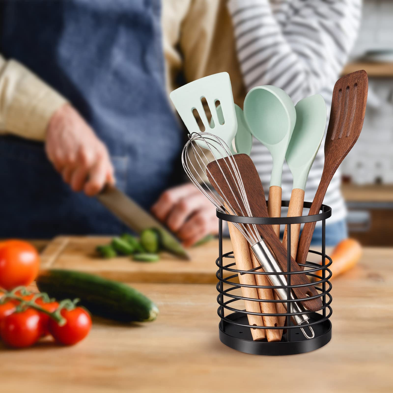 RedCall Utensil Holder for Kitchen Counter,Cooking Utensil Holder for Spatula Spoon,Wire Utensil Organizer,Metal Stainless Steel Round Utensil Caddy Crock Flatware Storage for Countertop (Black)