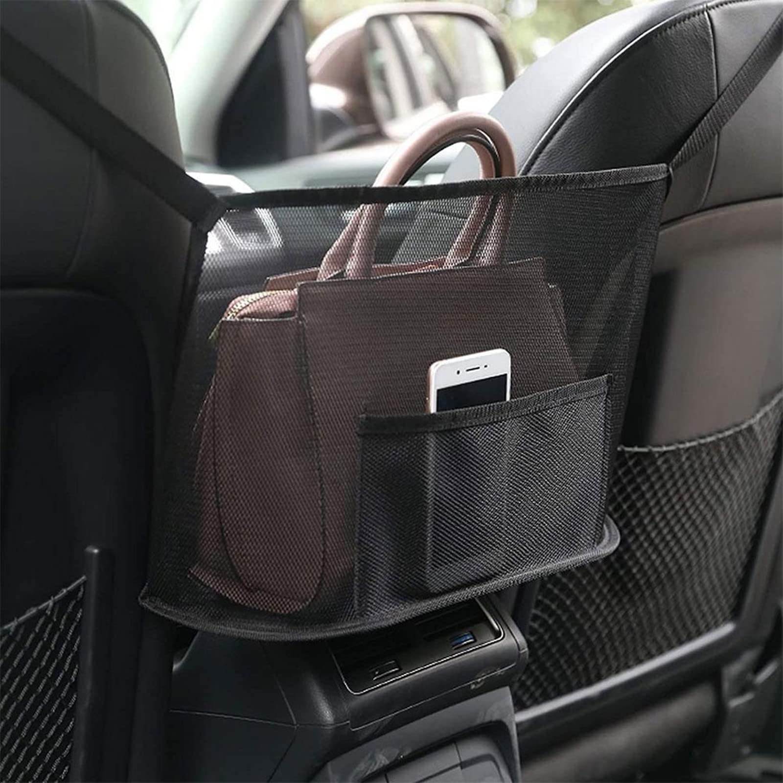 Meegoo Purse Holder for Car - Net Pocket Handbag Holder - Car Storage Organizer Between Front Seats - Car Accessories, Automotive Consoles & Organizers - Gifts for Women and Men (Black)