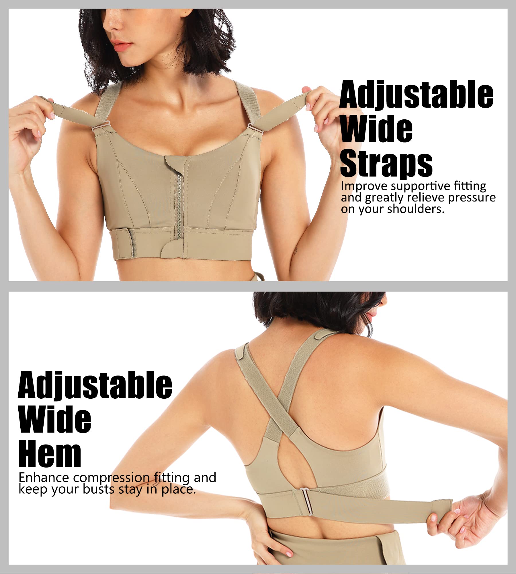 TECOX Zip Front Adjustable Sports Bras for Women High Impact Support Post Surgery Compression Bra with Adjustable Straps Front Zipper Cross Back Wireless Padded Running Workout Sports Bra Grey