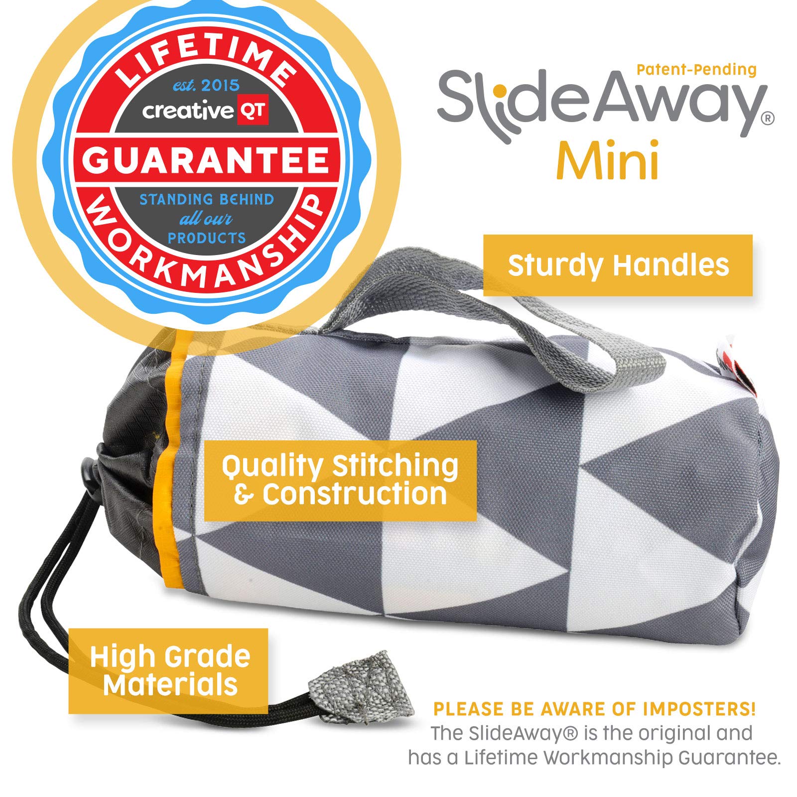 Creative QT SlideAway, Gray Triangle Print, On-The-Go Mini Storage Bag and Table Top Play Mat For Kids and Toddlers, Room and Travel Toy Organizer