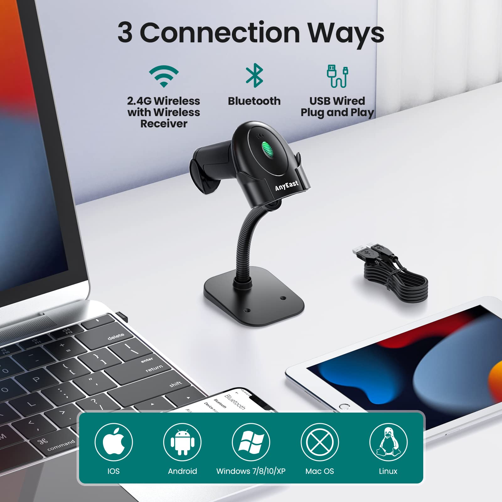 Barcode Scanner Bluetooth and Wireless with Stand, Anyeast USB Wired Inventory 2D 1D QR Code Scanners for Computer Laptop POS iPone, Screen Scanning Bar Code Reader for Supermarket Warehouse Library