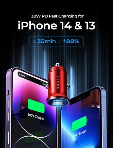 [Safety Certified] iPhone 15 Car Charger, LISEN Fast Charging 48W Cigarette Lighter USB Charger iPhone USB C Car Charger with 2-in-1 USB C and Lightning Cable for iPhone 15, Red