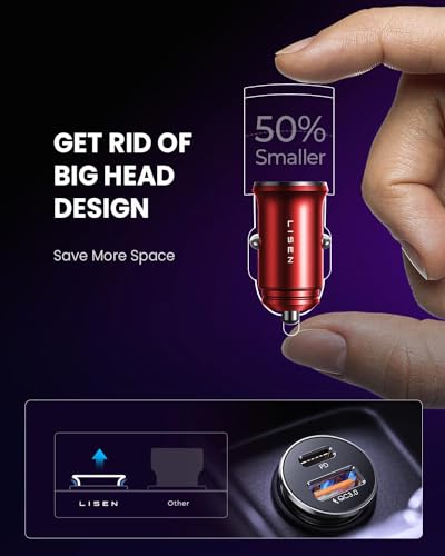 [Safety Certified] iPhone 15 Car Charger, LISEN Fast Charging 48W Cigarette Lighter USB Charger iPhone USB C Car Charger with 2-in-1 USB C and Lightning Cable for iPhone 15, Red