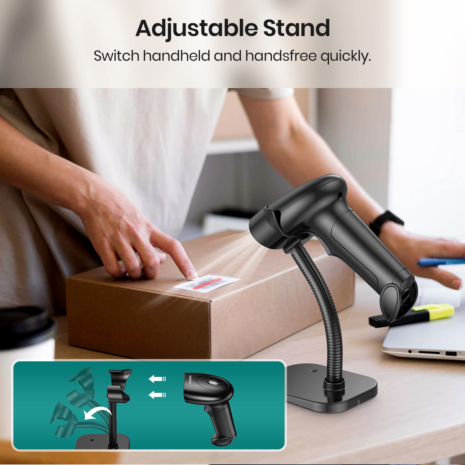 Barcode Scanner Bluetooth and Wireless with Stand, Anyeast USB Wired Inventory 2D 1D QR Code Scanners for Computer Laptop POS iPone, Screen Scanning Bar Code Reader for Supermarket Warehouse Library