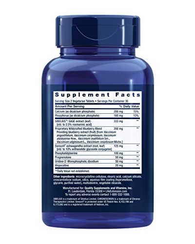 Life Extension Cognitex Elite Pregnenolone - Brain Health Supplement for Memory, Focus & Cognition - Formula with Phosphatidylserine, Ashwagandha & SAGE Extract, Calcium + More - 60 Vegetarian Tablets