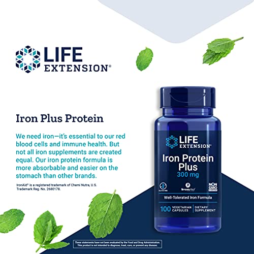 Life Extension Iron Protein Plus โ Highly Absorbable Form of Irons Supplement for Red Blood Cell & Protein Production โ Once Daily - Gluten-Free, Non-GMO, Vegetarian โ 100 Capsules