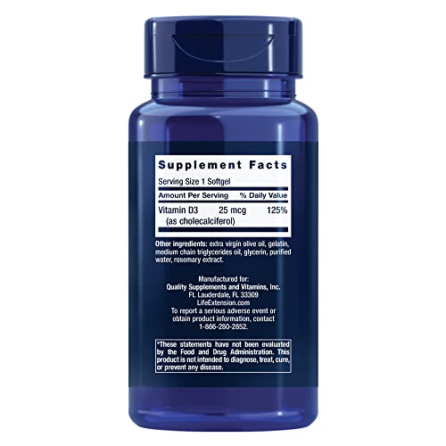 Life Extension Vitamin D3 25 mcg (1000 IU) β Promotes Bone Health, Brain Health An Immune Function β Non-GMO β Gluten-free β 250 Softgels
